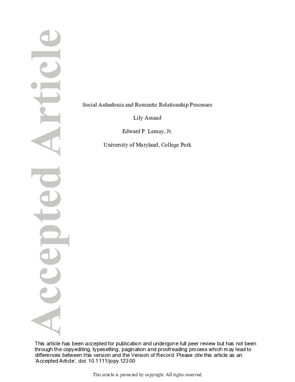 (PDF) Social Anhedonia and Romantic Relationship Processes