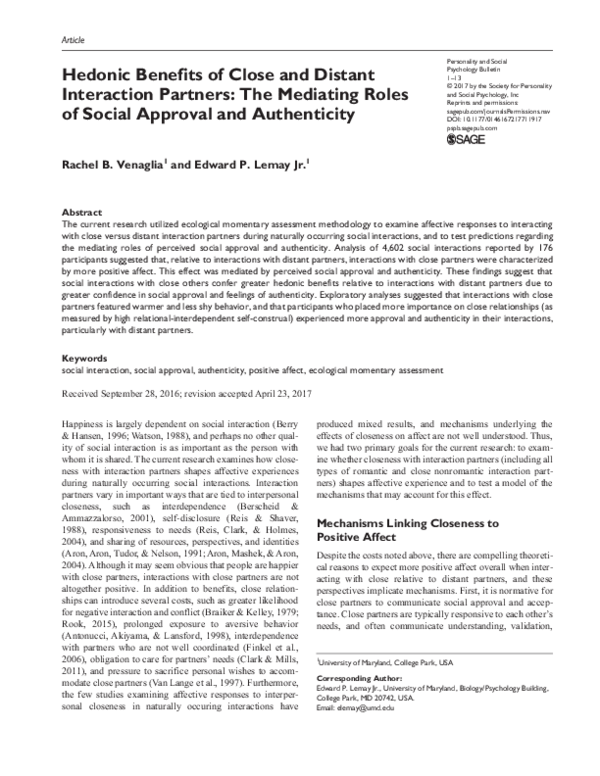 (PDF) Hedonic Benefits of Close and Distant Interaction Partners: The ...