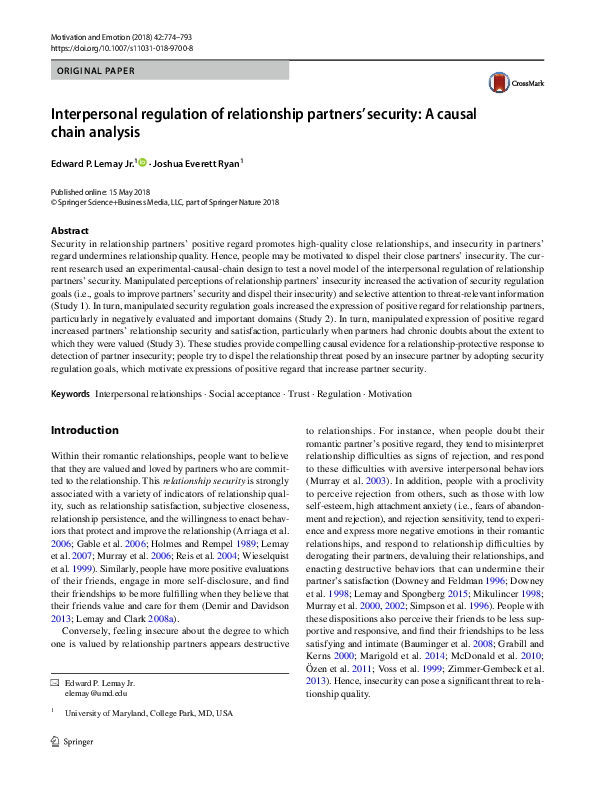 (PDF) Interpersonal regulation of relationship partners’ security: A ...