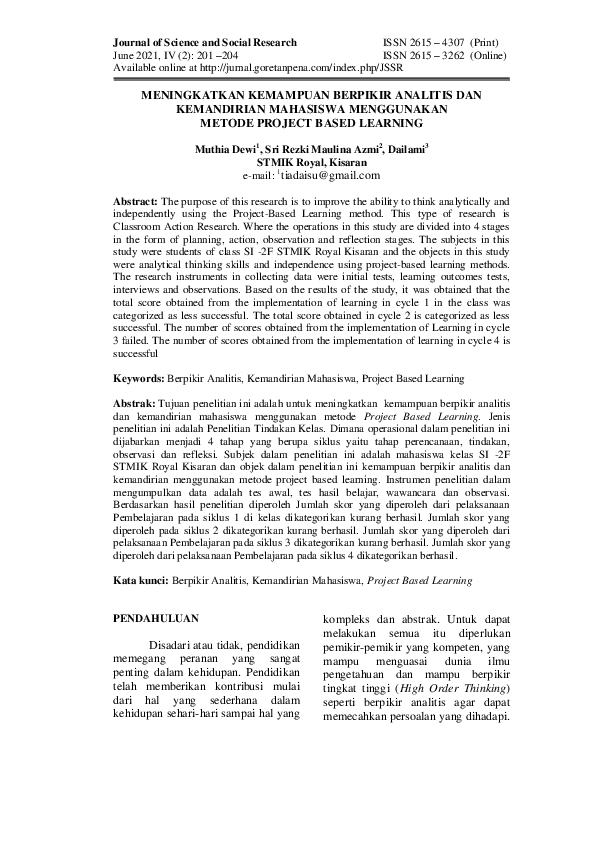 (PDF) Meningkatkan Kemampuan Berpikir Analitis Dan Kemandirian Mahasiswa Menggunakan Metode ...