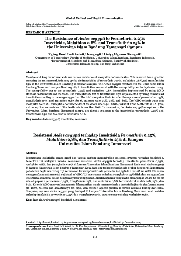(PDF) The Resistance of Aedes aegypti to Permethrin 0.25% Insecticide, Malathion 0.8%, and ...
