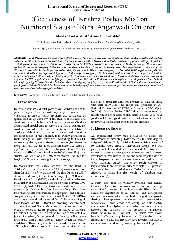 (PDF) Effectiveness of ‘Krishna Poshak Mix’ on Nutritional Status of Rural Anganwadi Children
