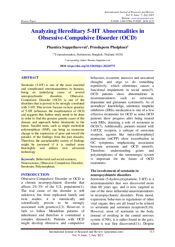 (PDF) Analyzing Hereditary 5-HT Abnormalities in Obsessive-Compulsive ...
