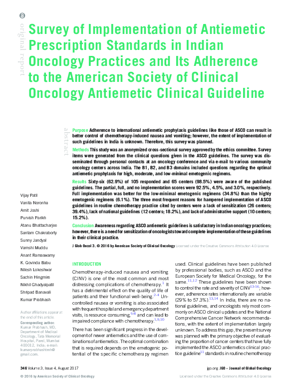 (PDF) Survey of Implementation of Antiemetic Prescription Standards in Indian Oncology Practices ...