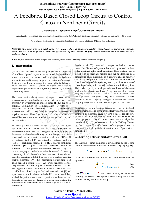 (PDF) A Feedback Based Closed Loop Circuit to Control Chaos in Nonlinear Circuits