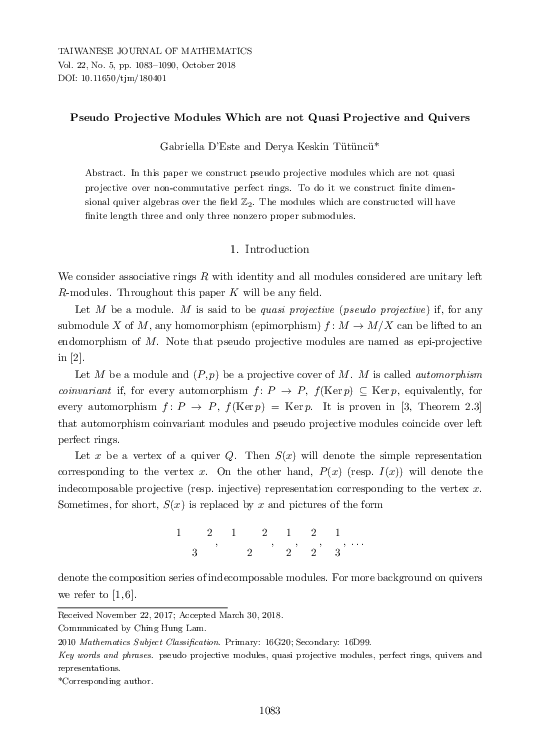 (PDF) Pseudo Projective Modules Which are not Quasi Projective and Quivers (PDF) Pseudo Projective Modules Which are not Quasi Projective and Quivers