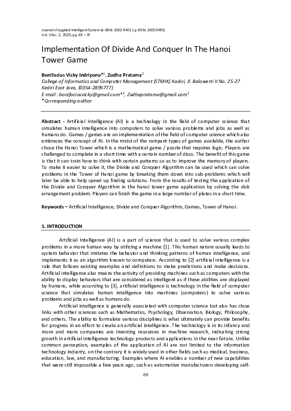(PDF) Implementation of Divide and Conquer in the Hanoi Tower Game