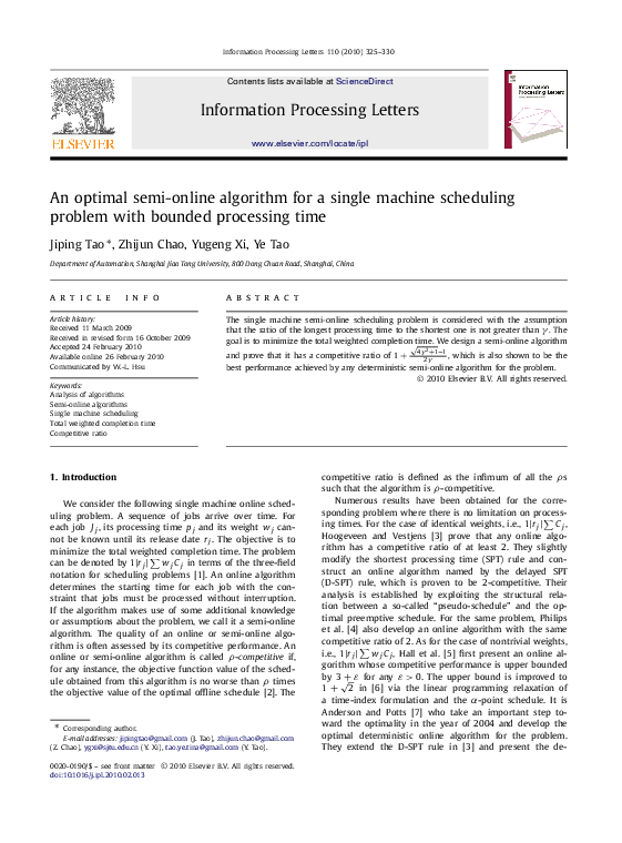 (PDF) An optimal semi-online algorithm for a single machine scheduling problem with bounded ...