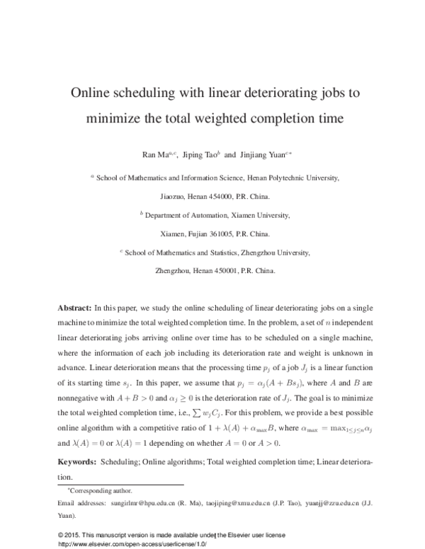 Pdf Online Scheduling With Linear Deteriorating Jobs To Minimize The Total Weighted Completion