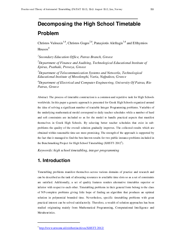 (PDF) Decomposing the High School Timetable Problem