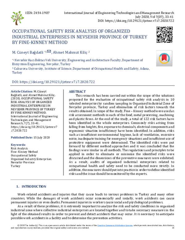 (PDF) Occupational Safety Risk Analysis of Organized Industrial ...