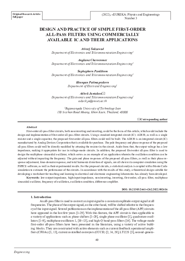 Pdf Design And Practice Of Simple First Order All Pass Filters Using Commercially Available Ic