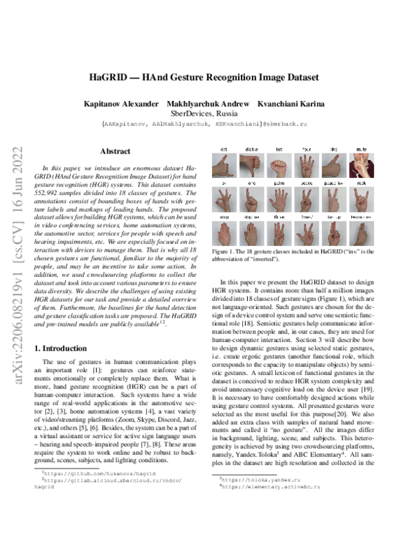 (PDF) HaGRID - HAnd Gesture Recognition Image Dataset
