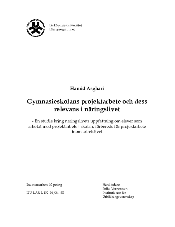 (PDF) Gymnasieskolans projektarbete och dess relevans i näringslivet ...