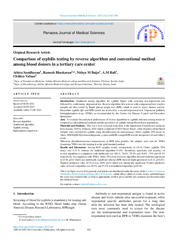 Pdf Comparison Of Syphilis Testing By Reverse Algorithm And