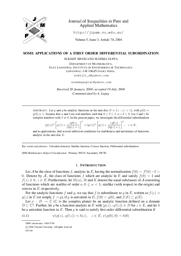 Pdf Some Applications Of The First Order Differential Subordinations