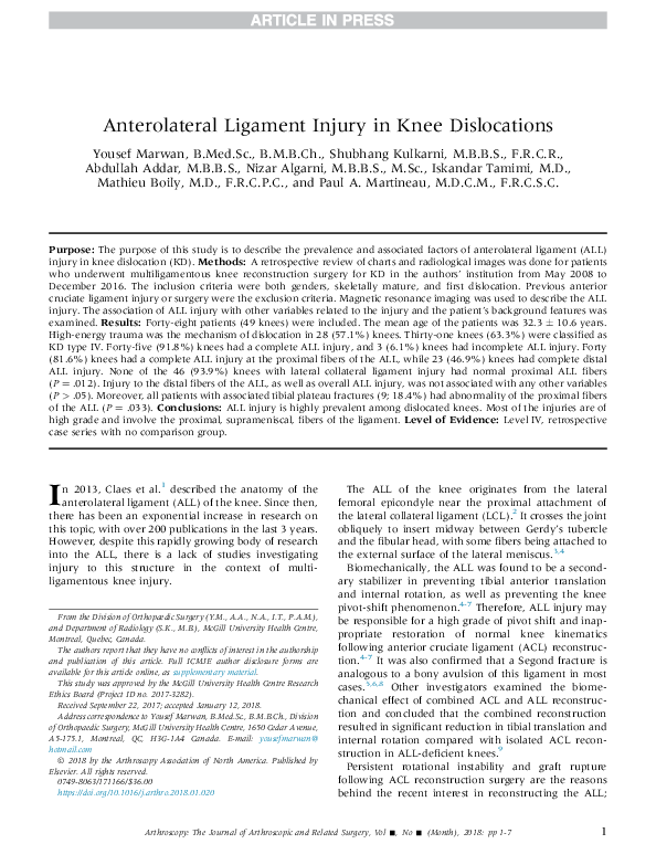 (PDF) Anterolateral Ligament Injury in Knee Dislocations