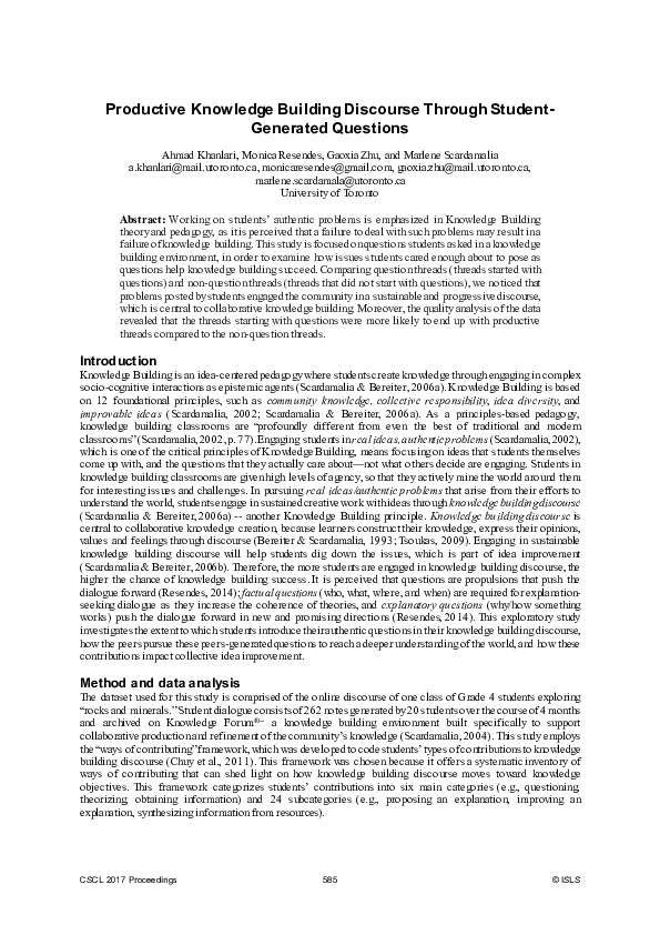 (PDF) Productive Knowledge Building Discourse Through Student-Generated ...