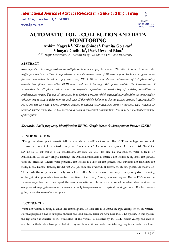 (PDF) Automatic Toll Collection and Data Monitoring