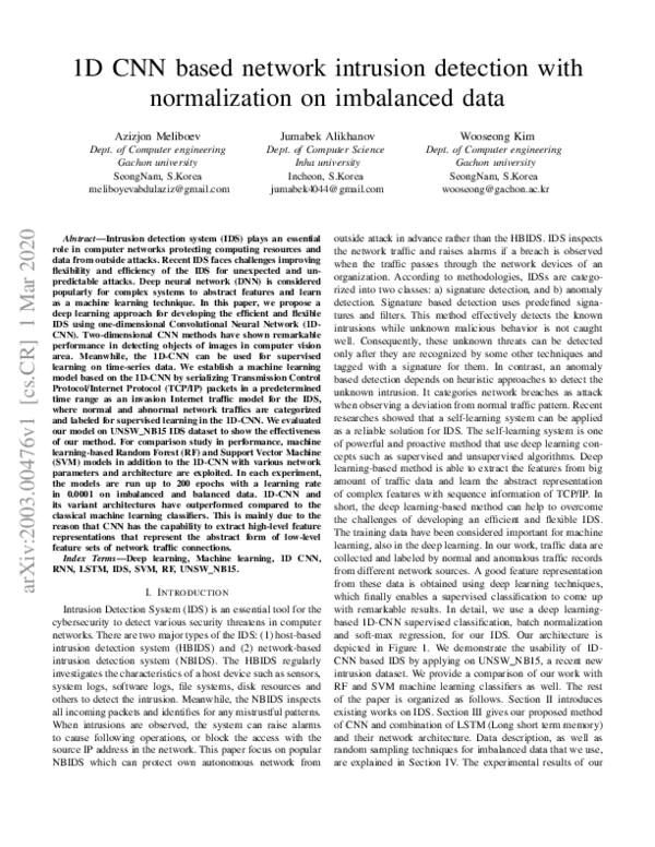 Pdf 1d Cnn Based Network Intrusion Detection With Normalization On