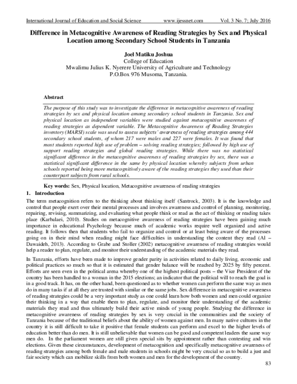 Pdf Difference In Metacognitive Awareness Of Reading Strategies By Sex And Physical Location