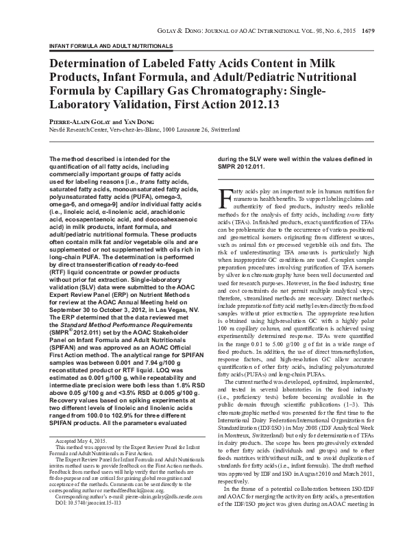 (PDF) Determination of Labeled Fatty Acids Content in Milk Products, Infant Formula, and Adult ...