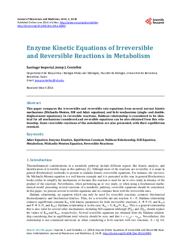 (PDF) Enzyme Kinetic Equations of Irreversible and Reversible Reactions ...