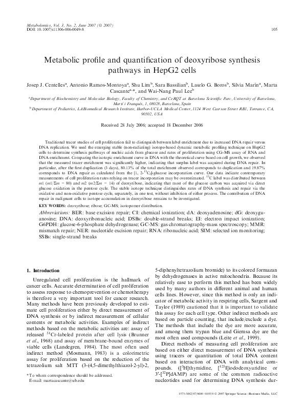 (PDF) Metabolic profile and quantification of deoxyribose synthesis pathways in HepG2 cells