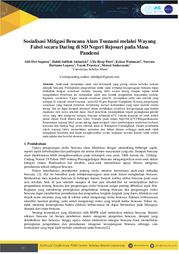 (PDF) Sosialisasi Mitigasi Bencana Alam Tsunami melalui Wayang Fabel secara Daring di SD Negeri ...