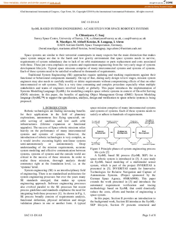 (PDF) SysML based system engineering: A case study for Space Robotic Systems