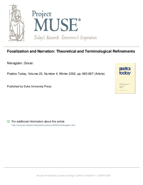 (PDF) Focalization and Narration: Theoretical and Terminological Refinements
