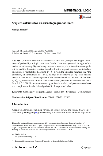 (PDF) Sequent calculus for classical logic probabilized