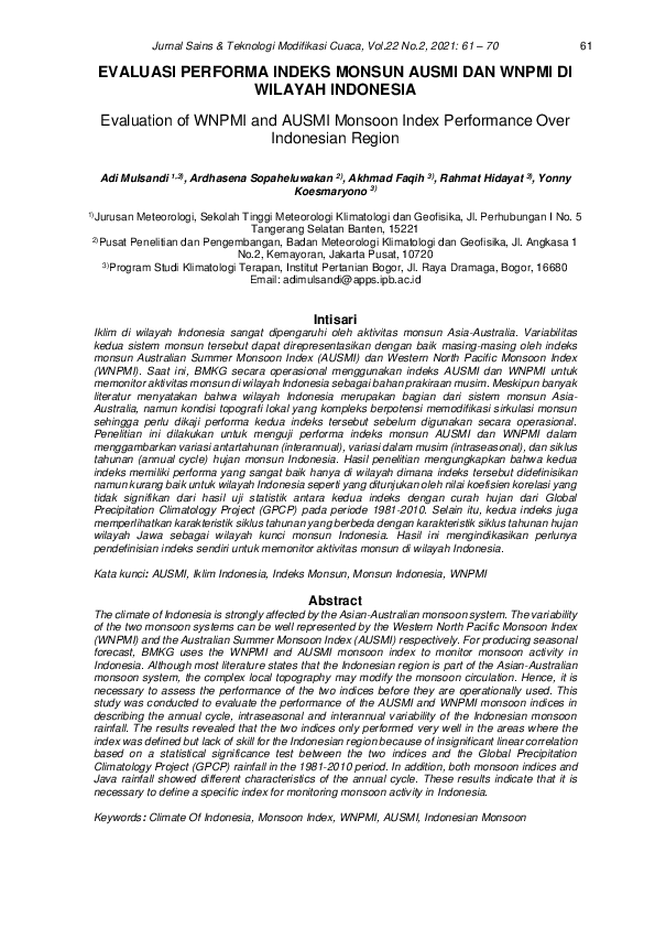 (PDF) Evaluasi Performa Indeks Monsun Ausmi Dan Wnpmi DI Wilayah Indonesia