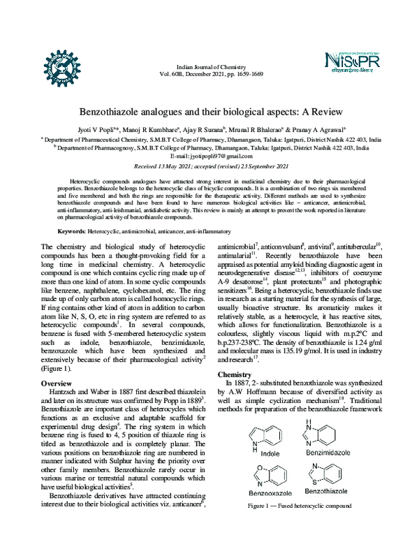 (PDF) Benzothiazole analogues and their biological aspects: A Review