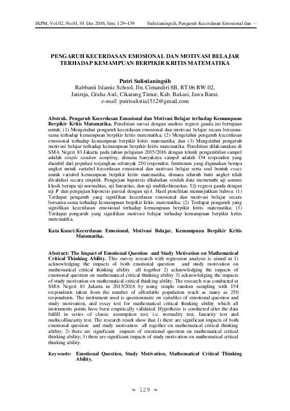 (PDF) Pengaruh Kecerdasan Emosional dan Motivasi Belajar terhadap Kemampuan Berpikir Kritis ...