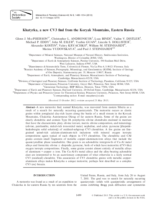 (PDF) Khatyrka, a new CV3 find from the Koryak Mountains, Eastern ...