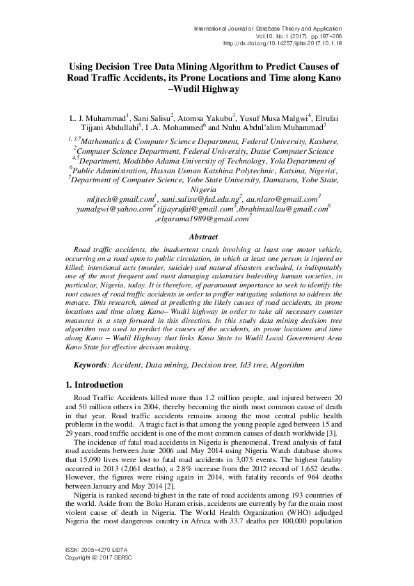 (PDF) Using Decision Tree Data Mining Algorithm to Predict Causes of Road Traffic Accidents, its ...