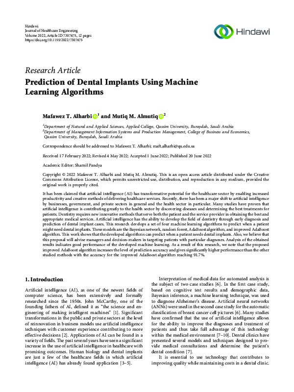 (PDF) Prediction of Dental Implants Using Machine Learning Algorithms