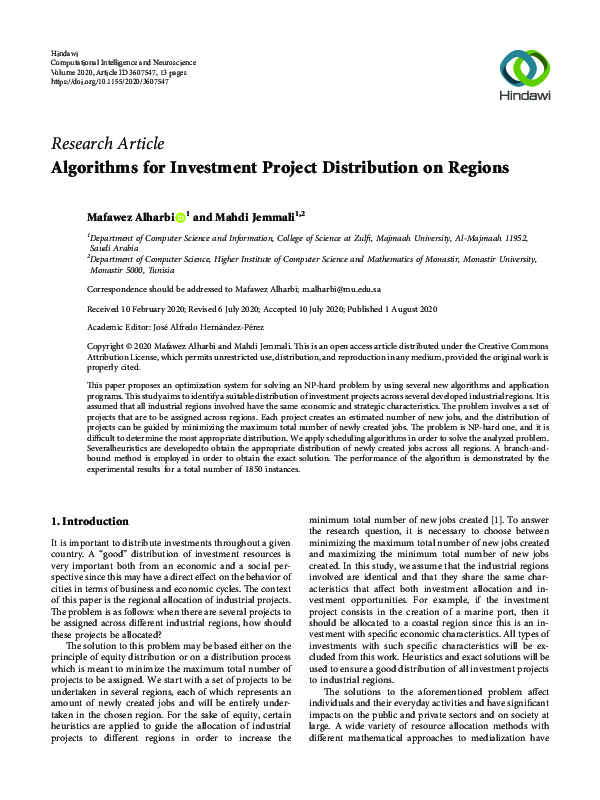 (PDF) Algorithms for Investment Project Distribution on Regions