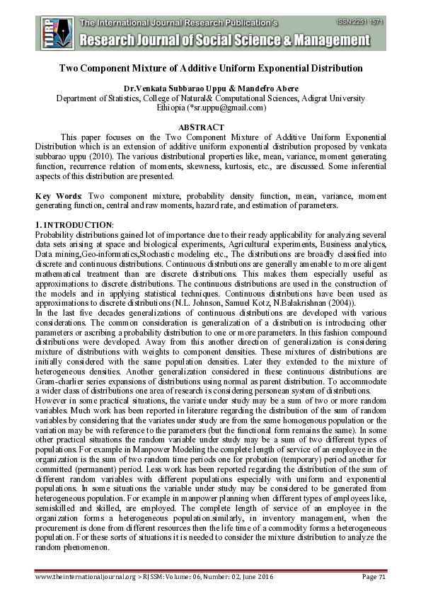 (PDF) Two Component Mixture of Additive Uniform Exponential Distribution