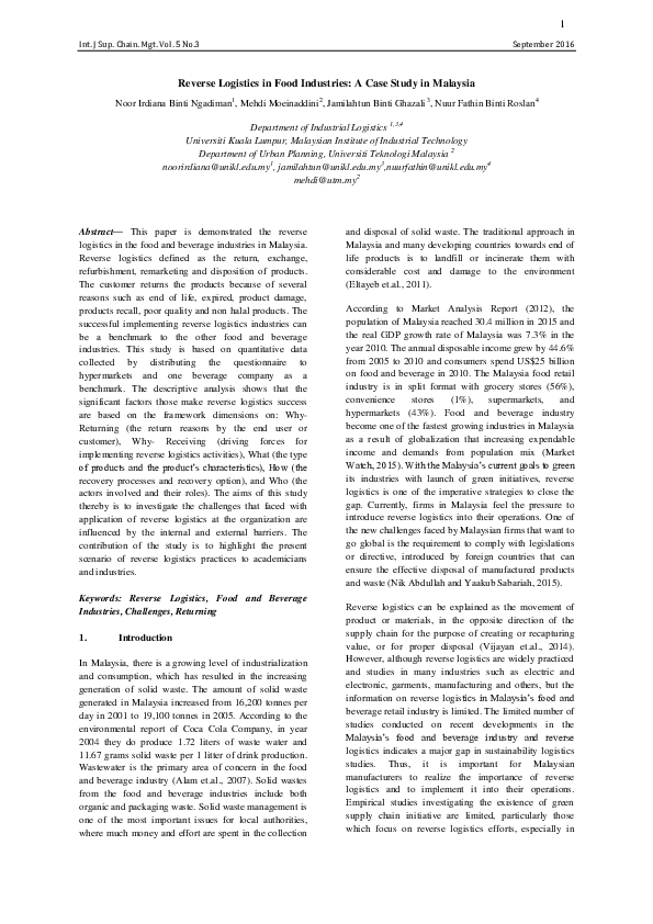 (PDF) Reverse Logistics in Food Industries: A Case Study in Malaysia