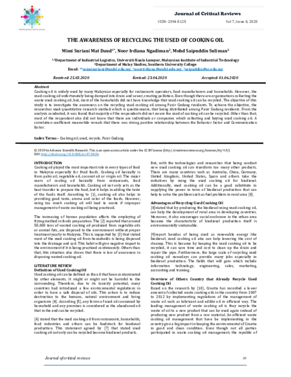 (PDF) The Awareness of Recycling the Used of Cooking Oil