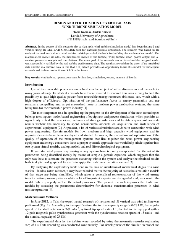 (PDF) Design and Verification of Vertical Axis Wind Turbine Simulation Model