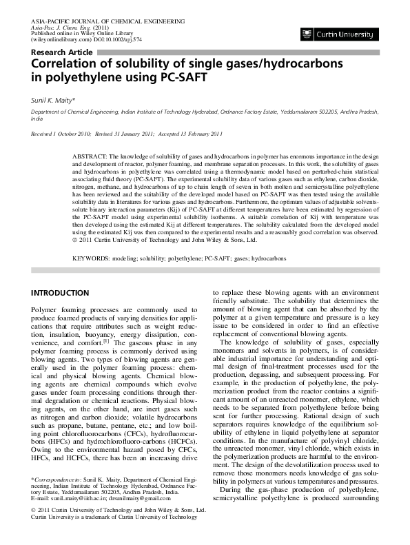 (PDF) Correlation of solubility of single gases/hydrocarbons in ...