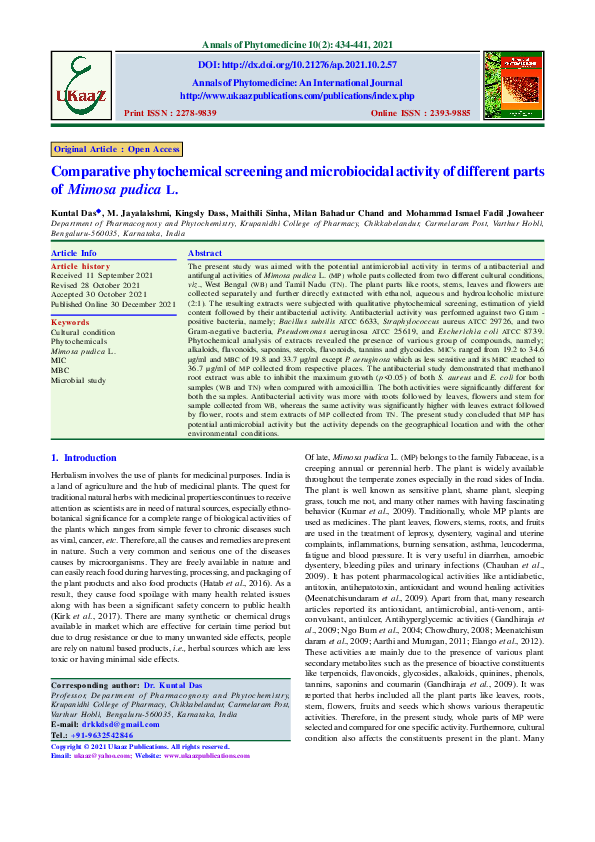 (PDF) Comparative phytochemical screening and microbiocidal activity of different parts of ...