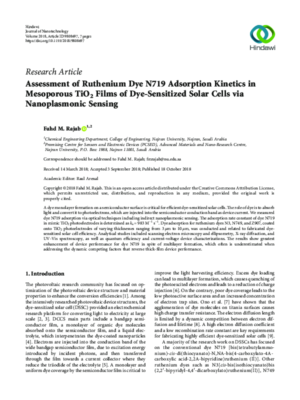 (PDF) Assessment of Ruthenium Dye N719 Adsorption Kinetics in ...
