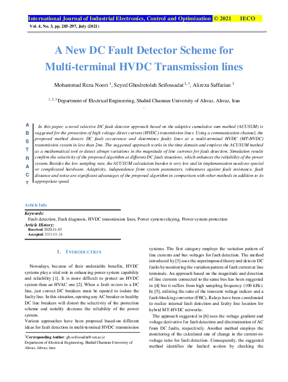 (PDF) A New DC Fault Detector Scheme for Multi-terminal HVDC Transmission lines | IECO IECO ...
