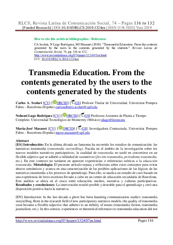 (PDF) Transmedia Education. From the contents generated by the users to the contents generated ...