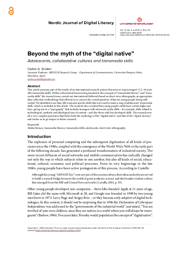 (PDF) Beyond the myth of the “digital native”