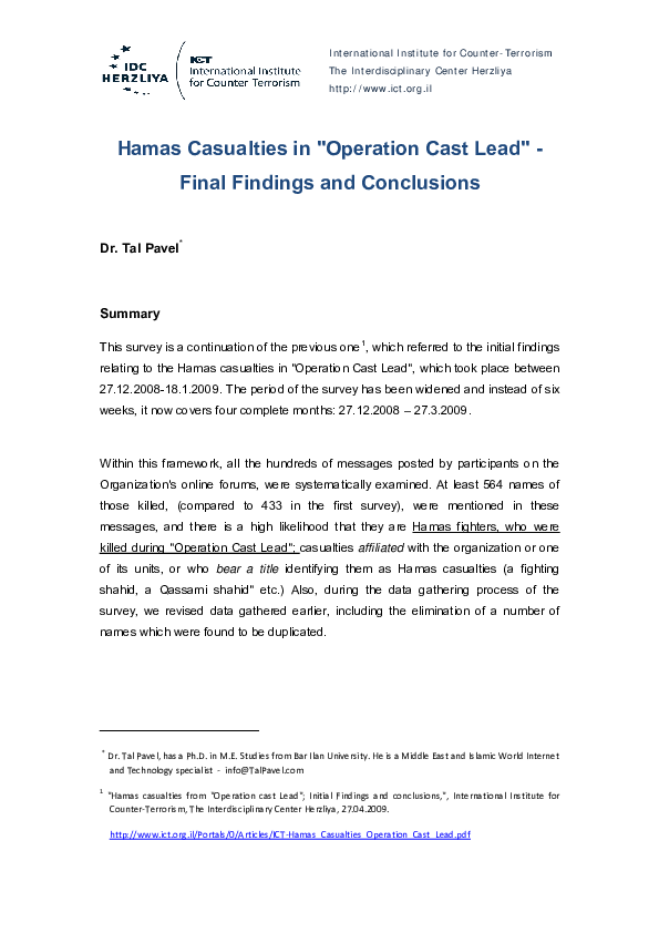 (PDF) Hamas Casualties in "Operation Cast Lead"-Final Findings and ...